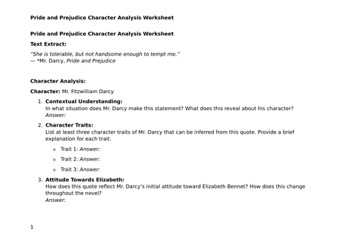 Pride and Prejudice Character Analysis Worksheet | Teaching Resources