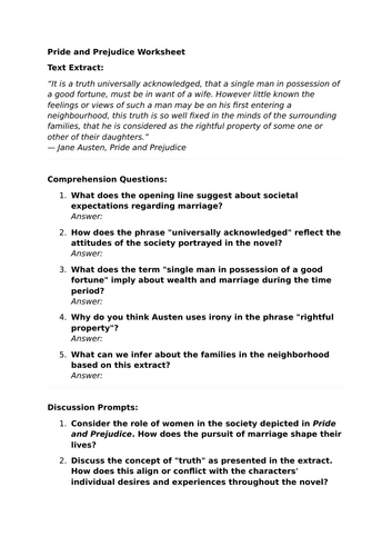 Pride and Prejudice Themes and Symbolism Worksheet | Teaching Resources