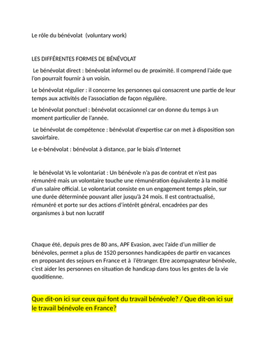 French A LEVEL revision Speaking exam "Le role du benevolat" | Teaching ...