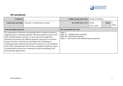 Unit plan for IBDP Chemistry - Structure 3 - Classification of matter ...