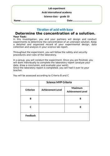 Lab - Titration of acid and base | Teaching Resources