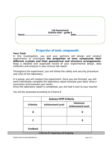 Lab - Ionic compounds chemical properties | Teaching Resources