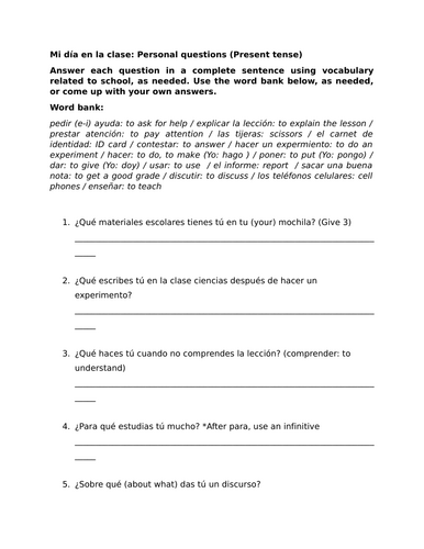 Mi día en la clase: Personal questions (Present tense) | Teaching Resources