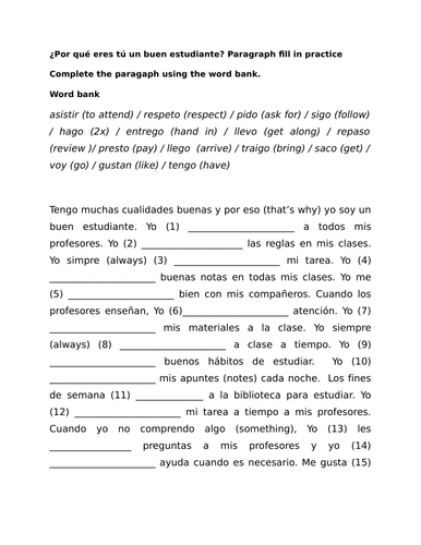 ¿Por qué eres tú un buen estudiante? Paragraph fill in practice ...