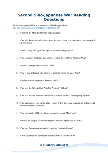 Second Sino-Japanese War Reading Questions | Teaching Resources