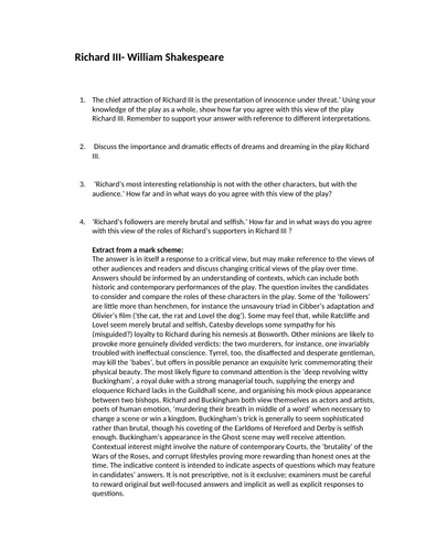 Teacher Resource: A LEVEL ENGLISH LITERATURE a bank of essay questions ...