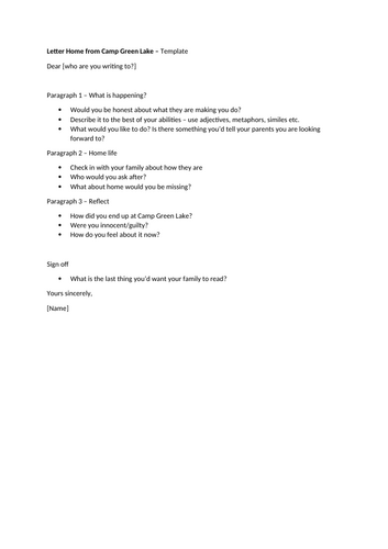 Holes by Louis Sachar - Letter Home | Teaching Resources