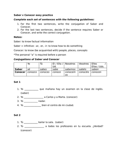 Saber v Conocer easy practice | Teaching Resources