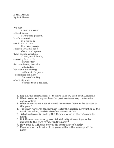 GCSE ENGLISH LITERATURE an analysis of the poem"Marriage" by R.S.Thomas ...