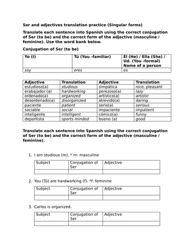 Ser and adjectives translation practice (Singular forms) | Teaching ...