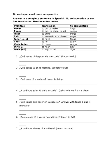 Go verbs personal questions practice | Teaching Resources