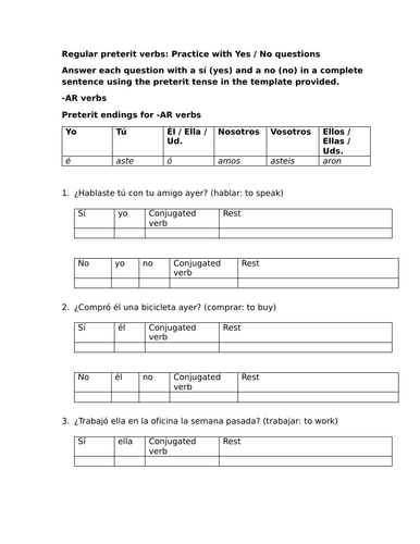 Regular preterit verbs: Practice with Yes / No questions | Teaching ...