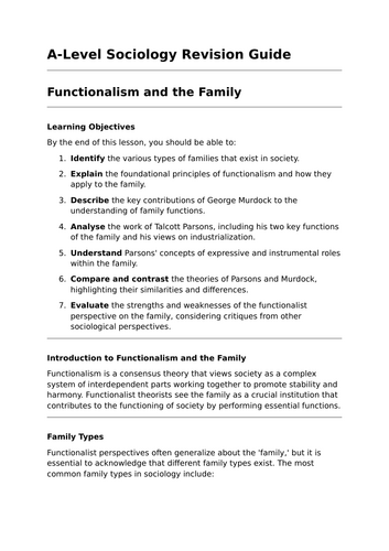 Functionalism and the Family - Lesson for A-Level Sociology | Teaching ...