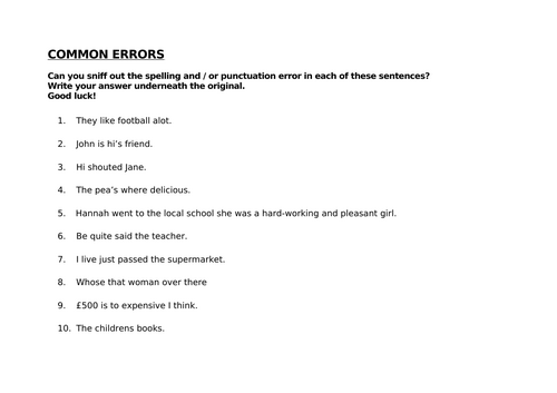 Common Spelling and Punctuation Errors Exercise | Teaching Resources