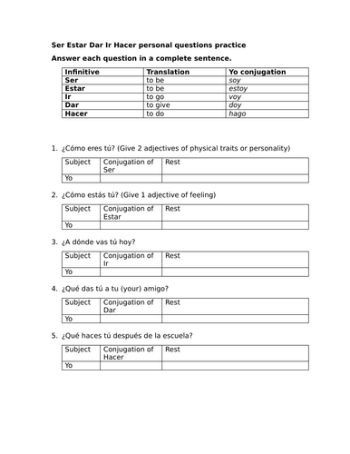 Ser Estar Dar Ir Hacer personal questions practice | Teaching Resources