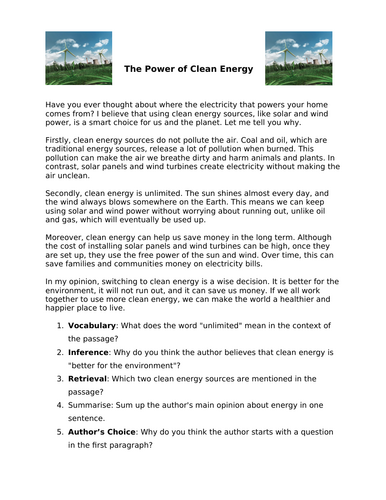 Renewable Energy Comprehension | Teaching Resources