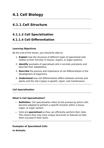 Cell Specialisation and Differentiation - Lesson for GCSE Biology ...