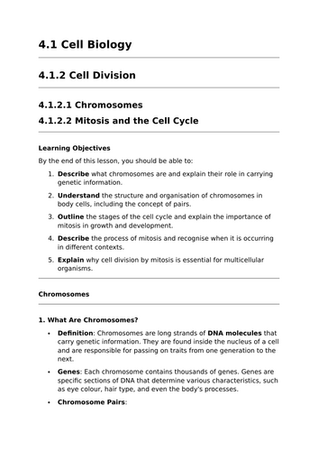 Chromosomes, Mitosis and the Cell Cycle - Lesson for GCSE Biology | Teaching Resources