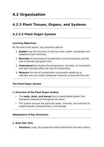 Plant Organ System - Lesson for GCSE Biology | Teaching Resources