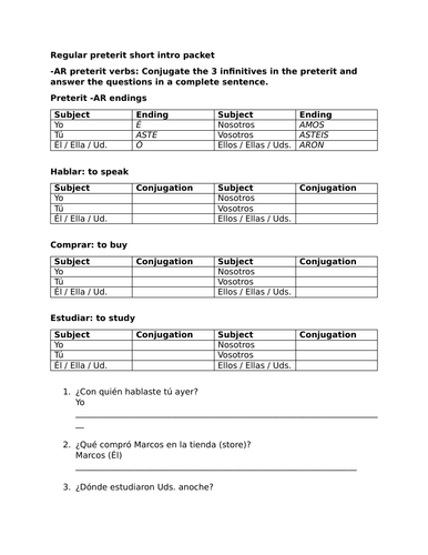 Regular preterit short intro packet | Teaching Resources