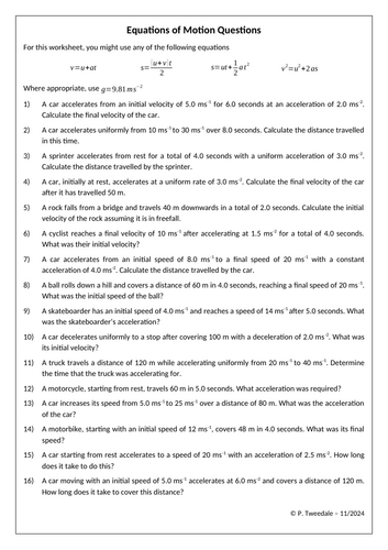 Suvat Equations Of Motion Practice Teaching Resources