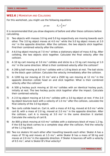 Mechanics: Momentum and Collisions Calculations | Teaching Resources