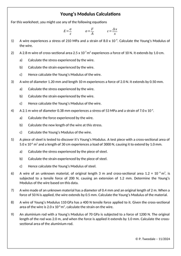Young's Modulus Calculations | Teaching Resources