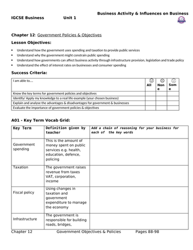 Government Objectives Policies IGCSE Bus Edexcel Chapter 12 | Teaching ...