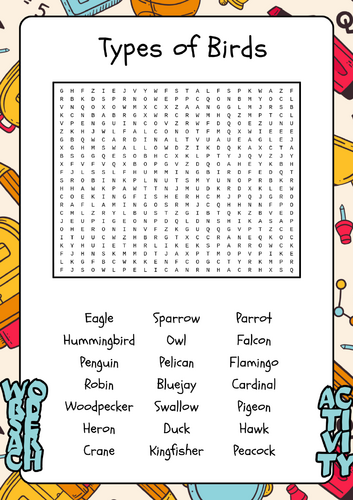 Types of Birds - Word Search No Prep Activity Printable Worksheet ...