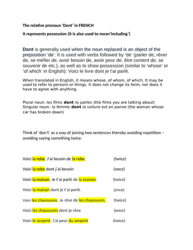 FRENCH A LEVEL GRAMMAR: the relative pronoun 'dont' | Teaching Resources