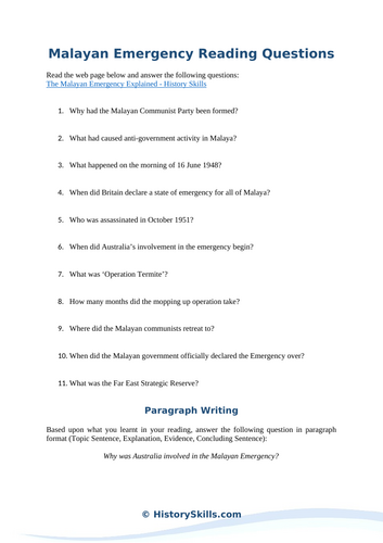 Malayan Emergency Reading Questions Worksheet | Teaching Resources