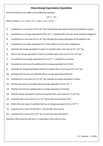 Mass-Energy Equivalence Questions | Teaching Resources