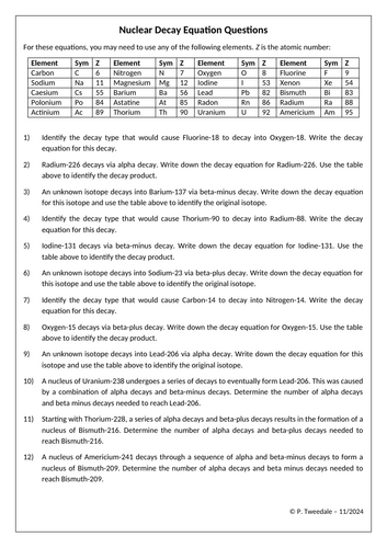 Nuclear Decay Equations Practice | Teaching Resources