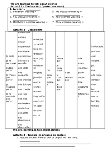 French Talking about Clothes in French Lesson Worksheets | Teaching ...