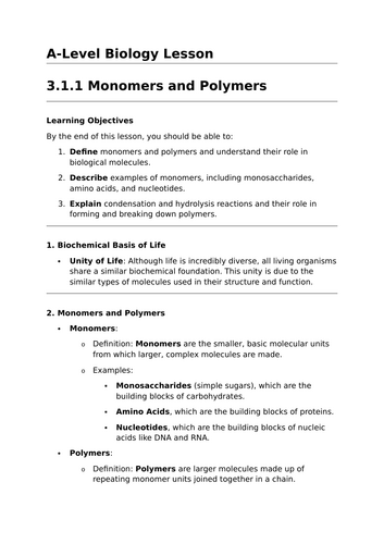 Monomers and Polymers - A-Level Biology Lesson | Teaching Resources