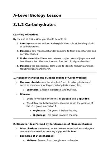 Carbohydrates - A-Level Biology Lesson | Teaching Resources