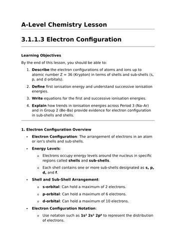Electron Configuration - A-Level Chemistry Lesson | Teaching Resources