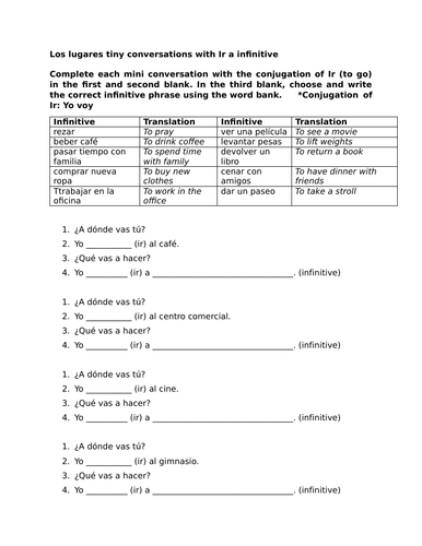 Los lugares tiny conversations with Ir a infinitive | Teaching Resources