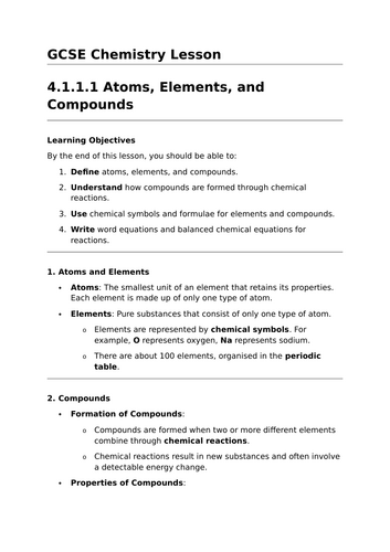 Atoms, Elements and Compounds - GCSE Chemistry Lesson | Teaching Resources Atoms, Elements and Compounds - GCSE Chemistry Lesson | Teaching Resources