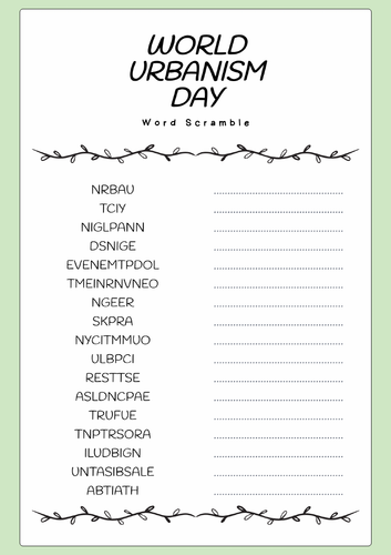 World Urbanism Day word scramble puzzle worksheet Activity | Teaching ...