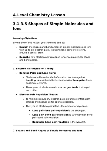 Shapes of Simple Molecules and Ions - A-Level Chemistry | Teaching ...