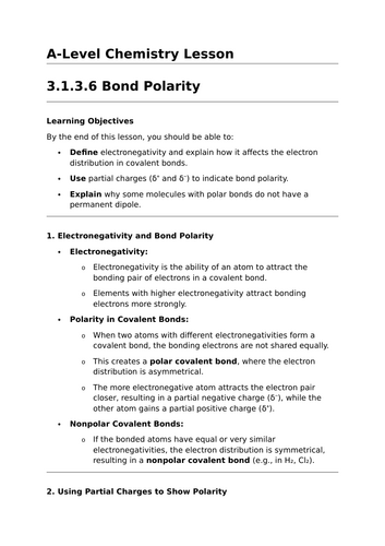 Bond Polarity - A-Level Chemistry | Teaching Resources