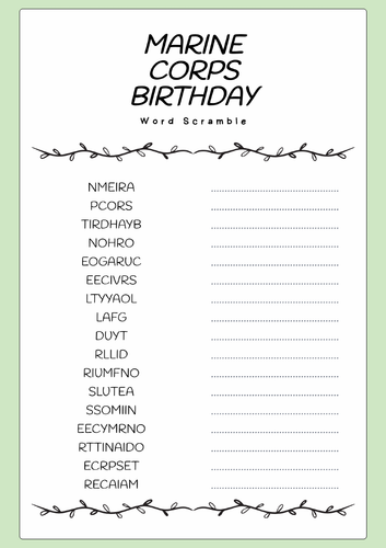 Marine Corps Birthday word scramble puzzle worksheet Activity ...