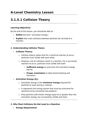 Collision Theory - A-Level Chemistry Lesson | Teaching Resources