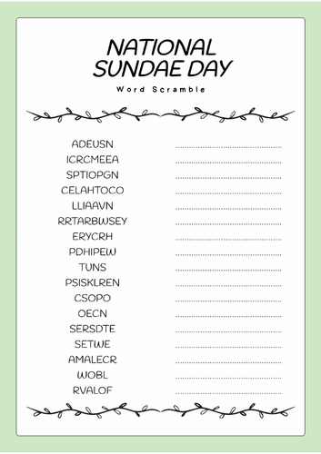 National Sundae Day word scramble puzzle worksheet Activity | Teaching ...