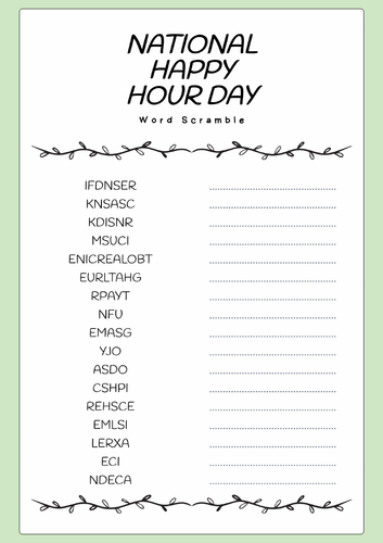 National Happy Hour Day word scramble puzzle worksheet Activity ...