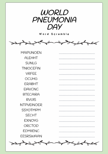 World Pneumonia Day word scramble puzzle worksheet Activity | Teaching ...