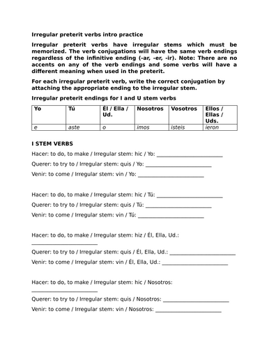 Irregular preterit verbs intro practice | Teaching Resources