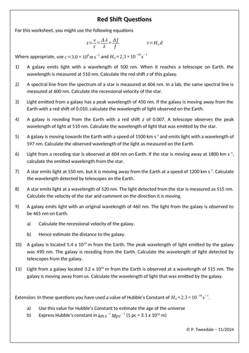 Red Shift Calculations | Teaching Resources