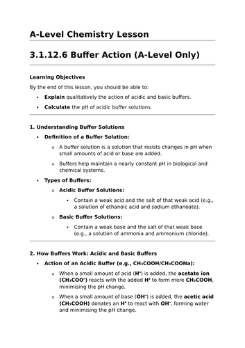 Buffer Action A Level Chemistry Lesson Teaching Resources